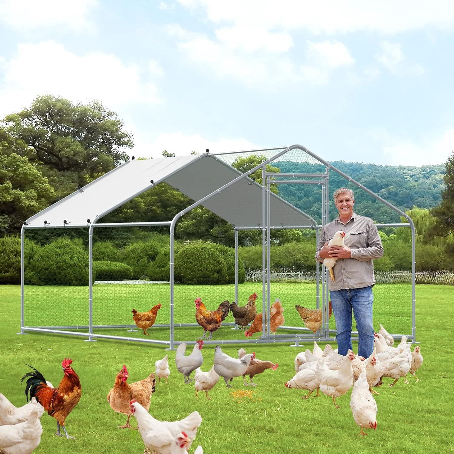 CSPP Large Metal Chicken Coop Outdoor Walk-in Poultry Cage Hen Run ...