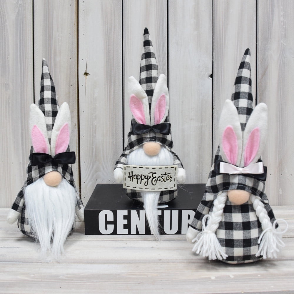 CSSAD Easter Decorations Clearance Checkered Easter Fabric Ear Dwarf Ornament Set Of Three ...