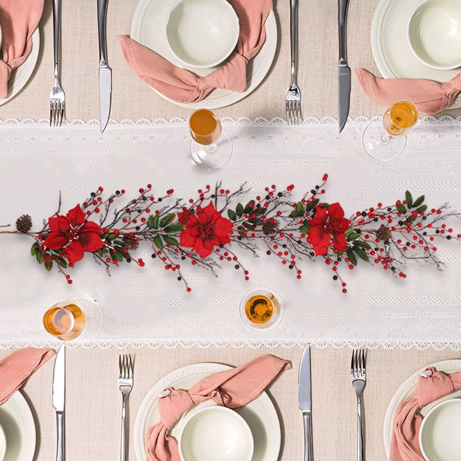 CSSAD Red Christmas Flower Rattan Door Lintel Ornaments Simulation Red Fruit Leafs Rattan Home ...