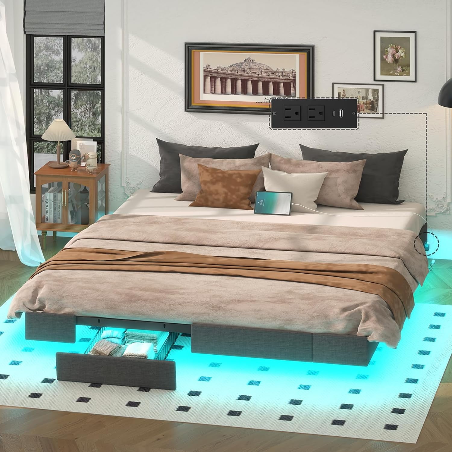 CSZZD Floating Queen Size Bed Frame with Storage Drawers & LED Lights ...
