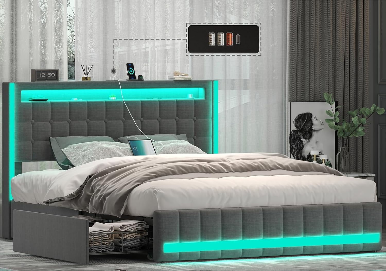 CSZZD Full Size Bed Frame with LED Lights & 4 Storage Drawers, Bed ...