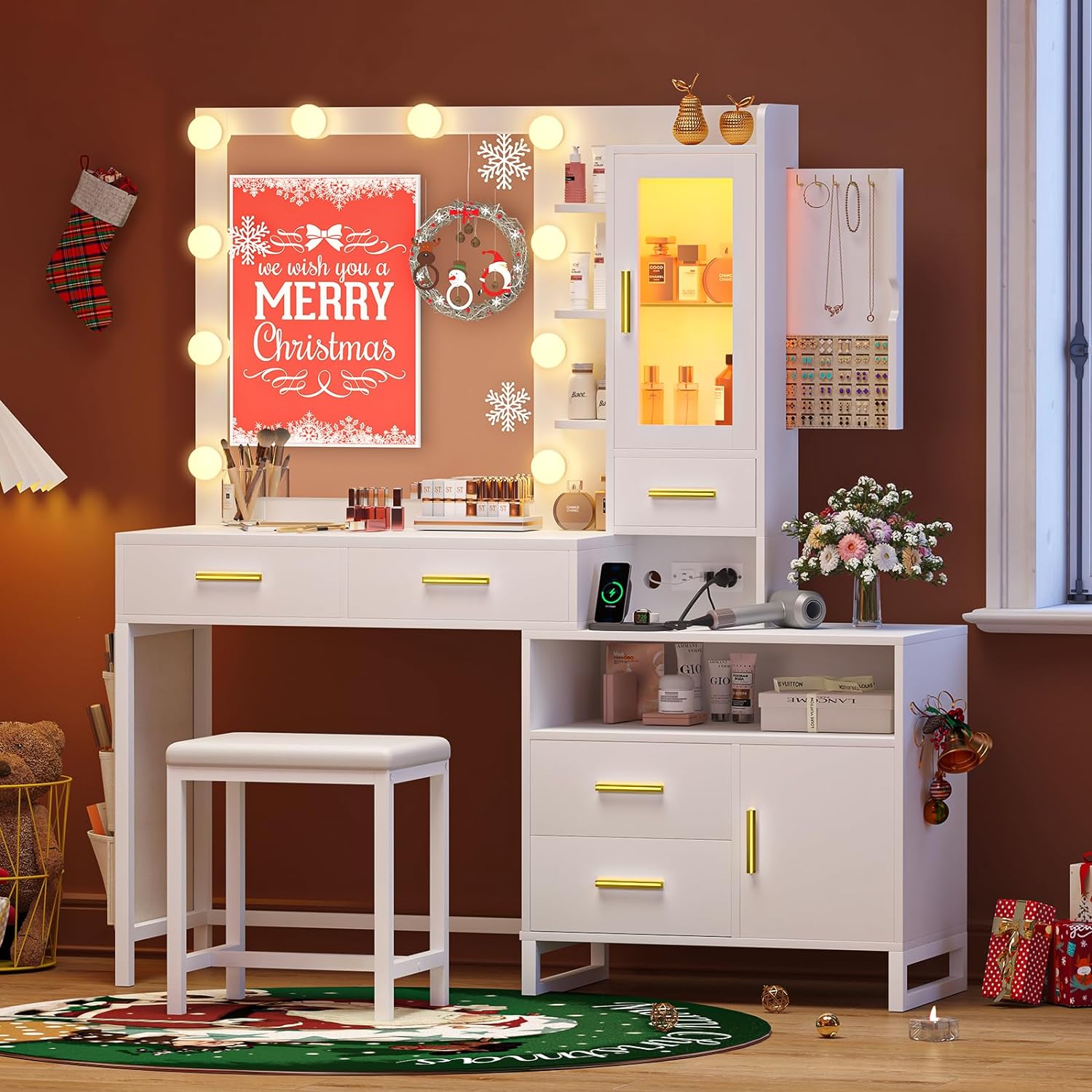 ZAFLY Vanity Set with LED Light Mirror, Makeup Vanities with Drawers ...