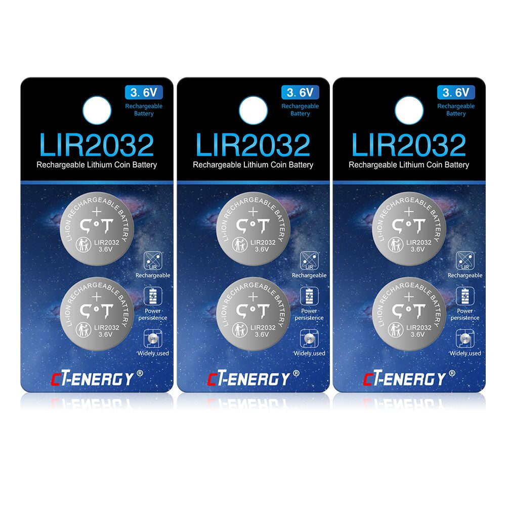 CT-ENERGY 3.6V Lir2032 Rechargeable Lithium Coin Button Batteries 6 ...