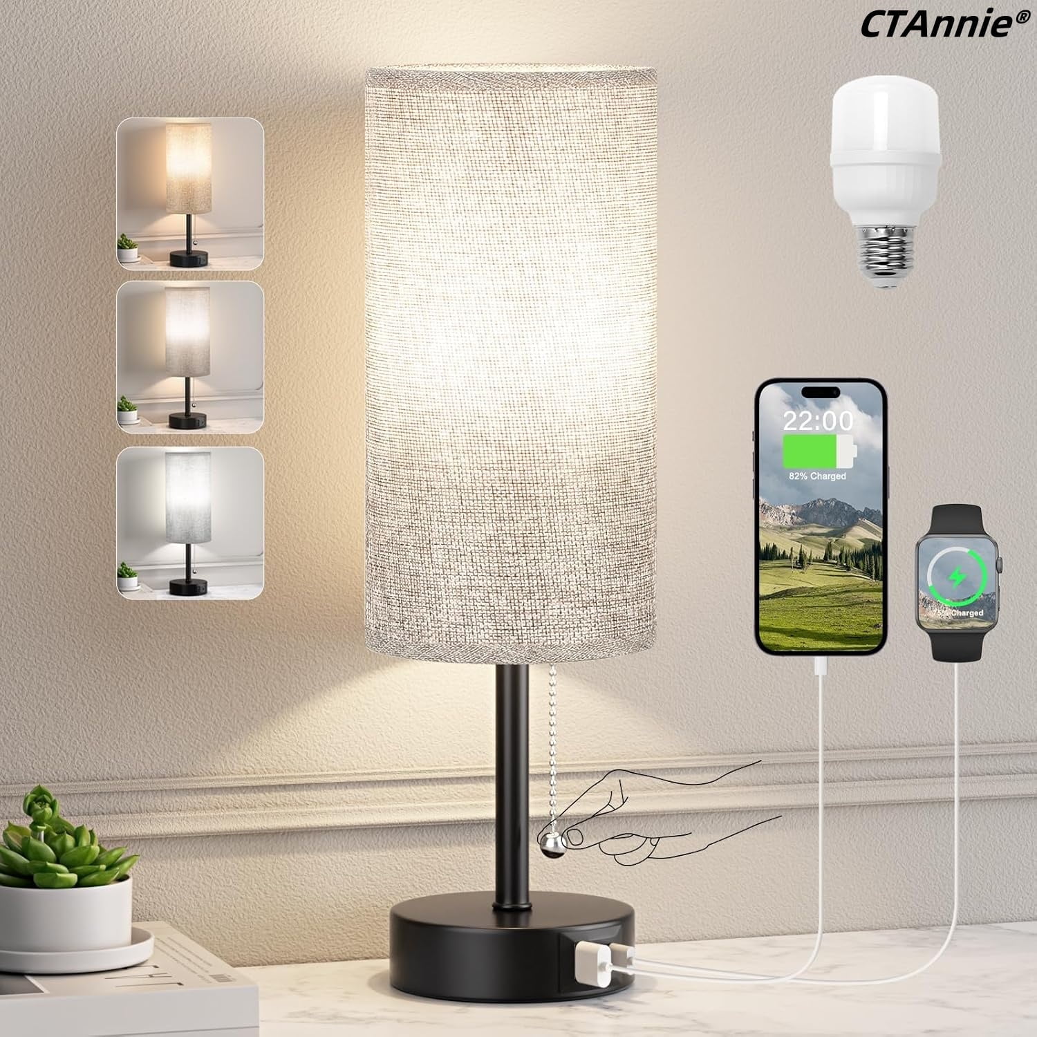 CTAnnie Grey Bedside Lamp for Bedroom Nightstand - Small Table Lamp ...