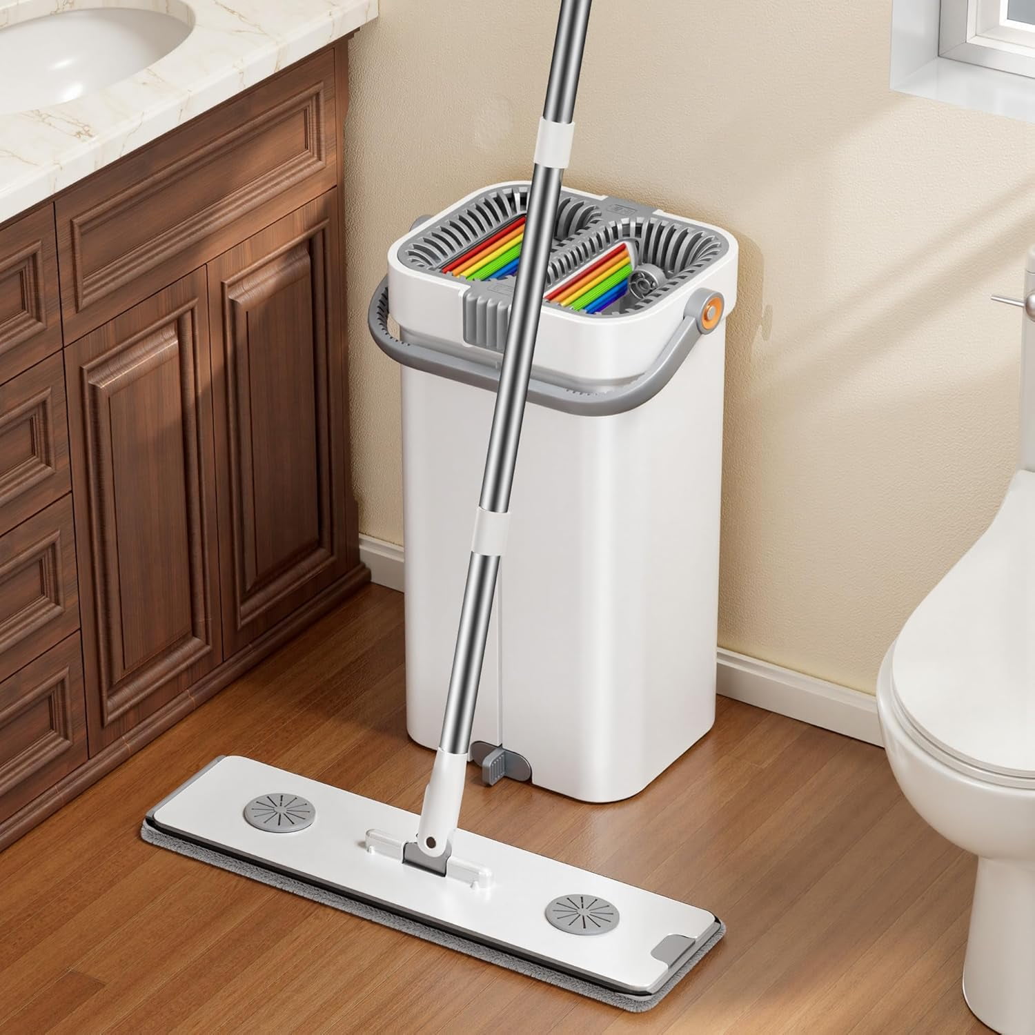 CTIME Large Mop and Bucket Set with 7-Layer Scrapers,Flat Mop with ...