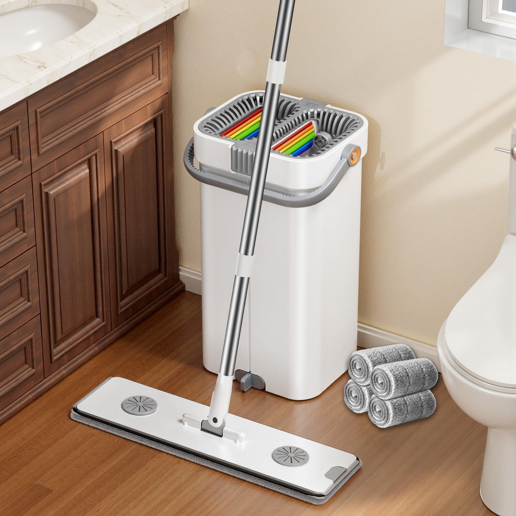 CTIME Large Mop and Bucket Set with 7-Layer Scrapers, Flat Mop with ...