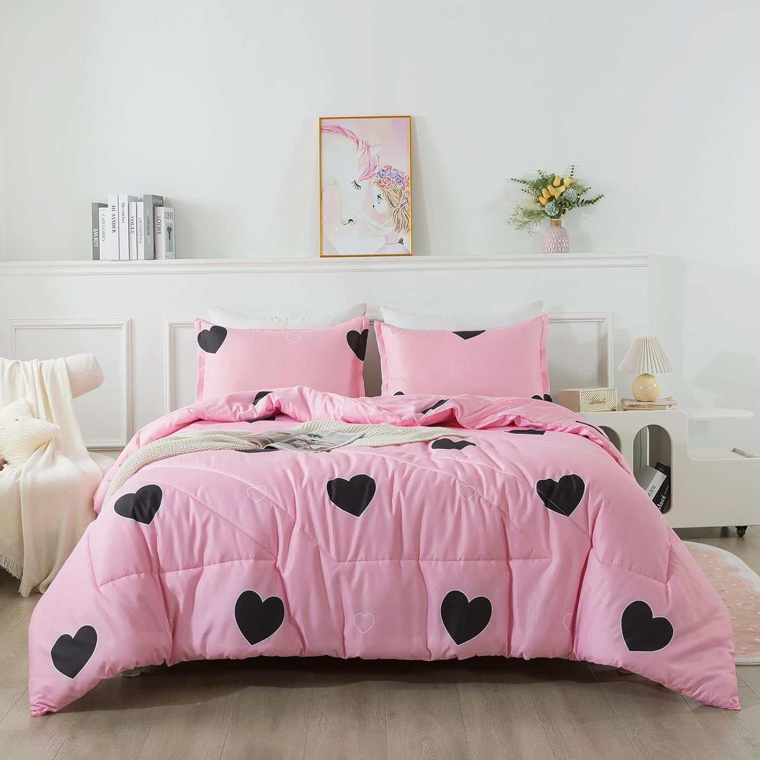 CTIVBI Caressma Love Pattern Girls Pink Comforter Set Queen Size Blush ...