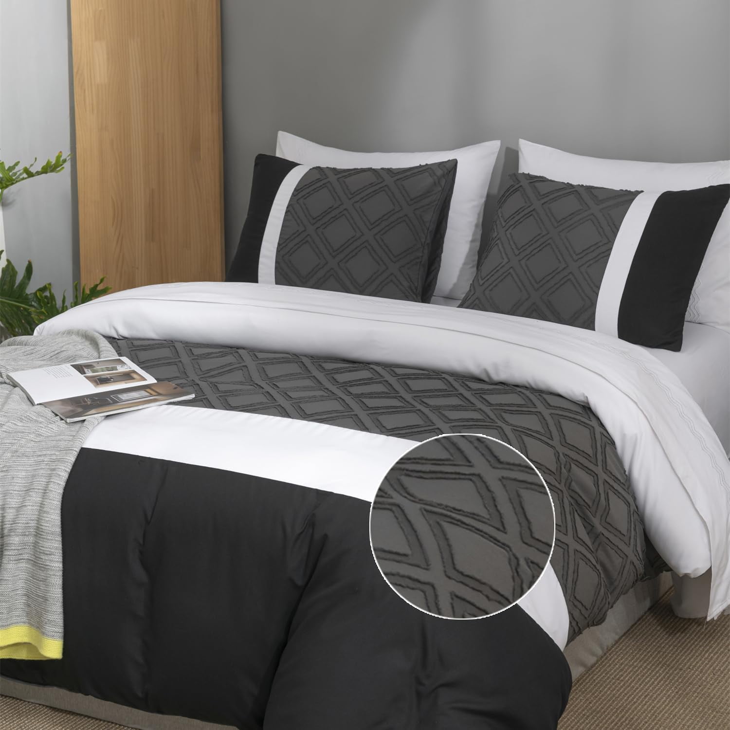 CTIVBI Dark Gray Tufted Duvet Cover Queen Set Grey Black and White Colorblock Patchwork Bedding ...