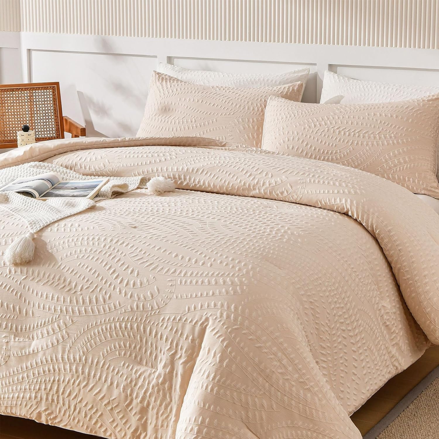 CTIVBI Embossed Design Queen Comforter Set Cream White 3 Pieces ...