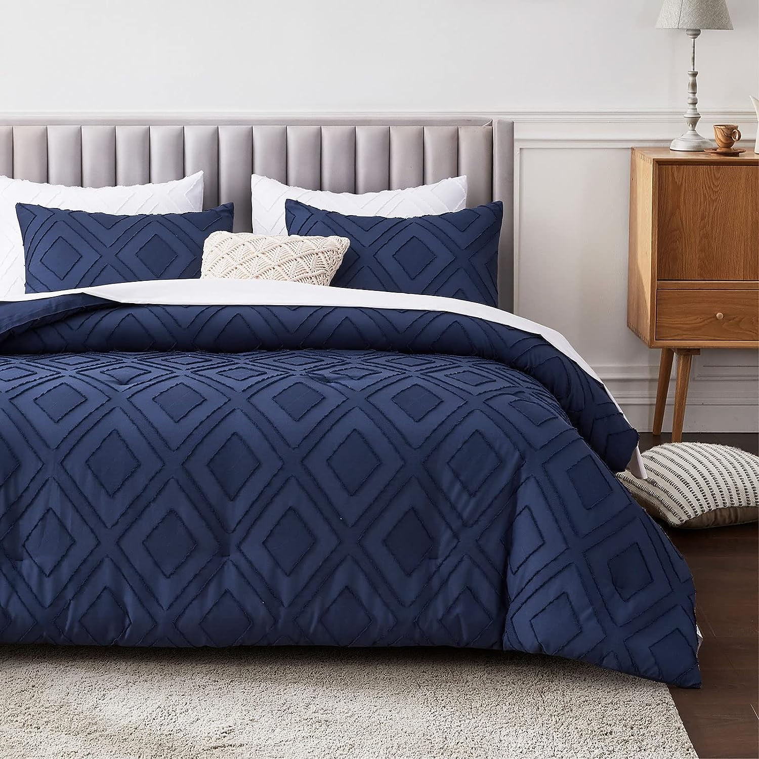 CTIVBI FROHAUL Boho Queen Comforter Set Grey Rhombus Tufted Queen Size ...