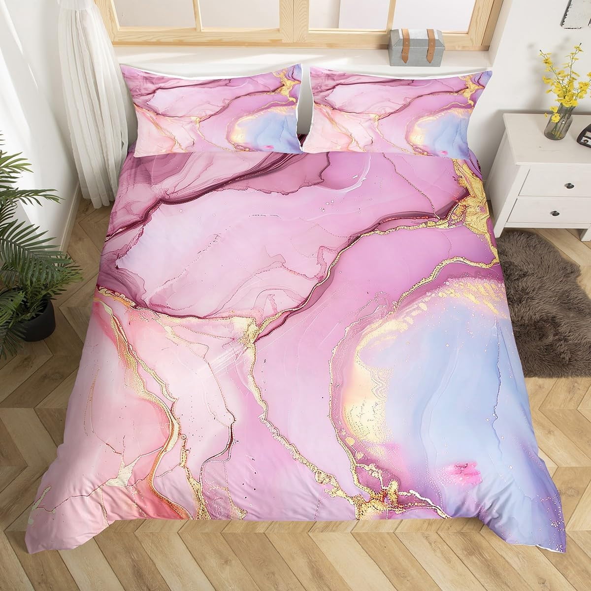 CTIVBI Pink Marble Duvet Cover Set with Zipper Ties-Bronzing Pink ...