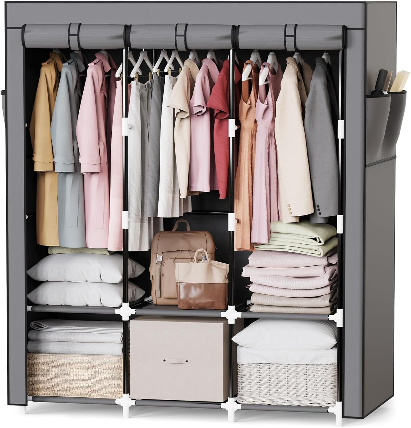 CTIVBI Portable Closet Wardrobe Closet Organizer with Cover 3 Hanging ...