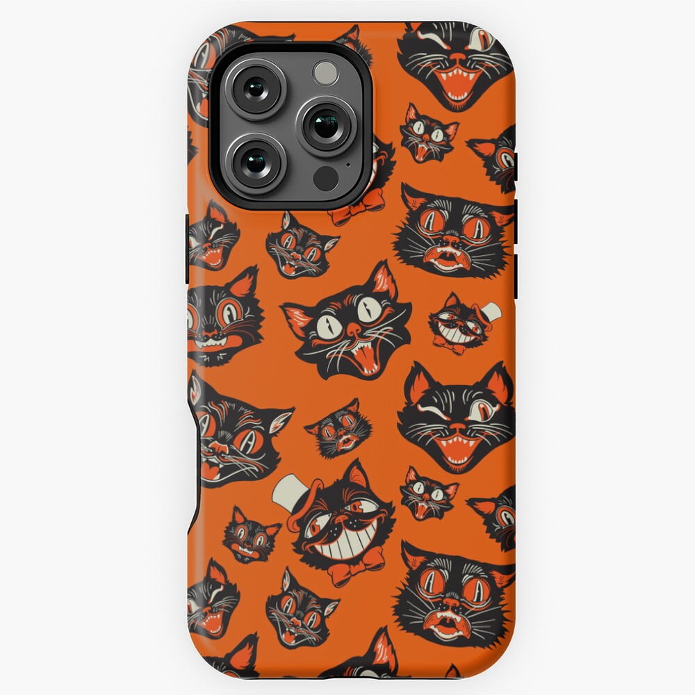 CTKR Studio Retro Vintage Halloween Black Cat Faces Pattern Orange Background Phone Case for ...