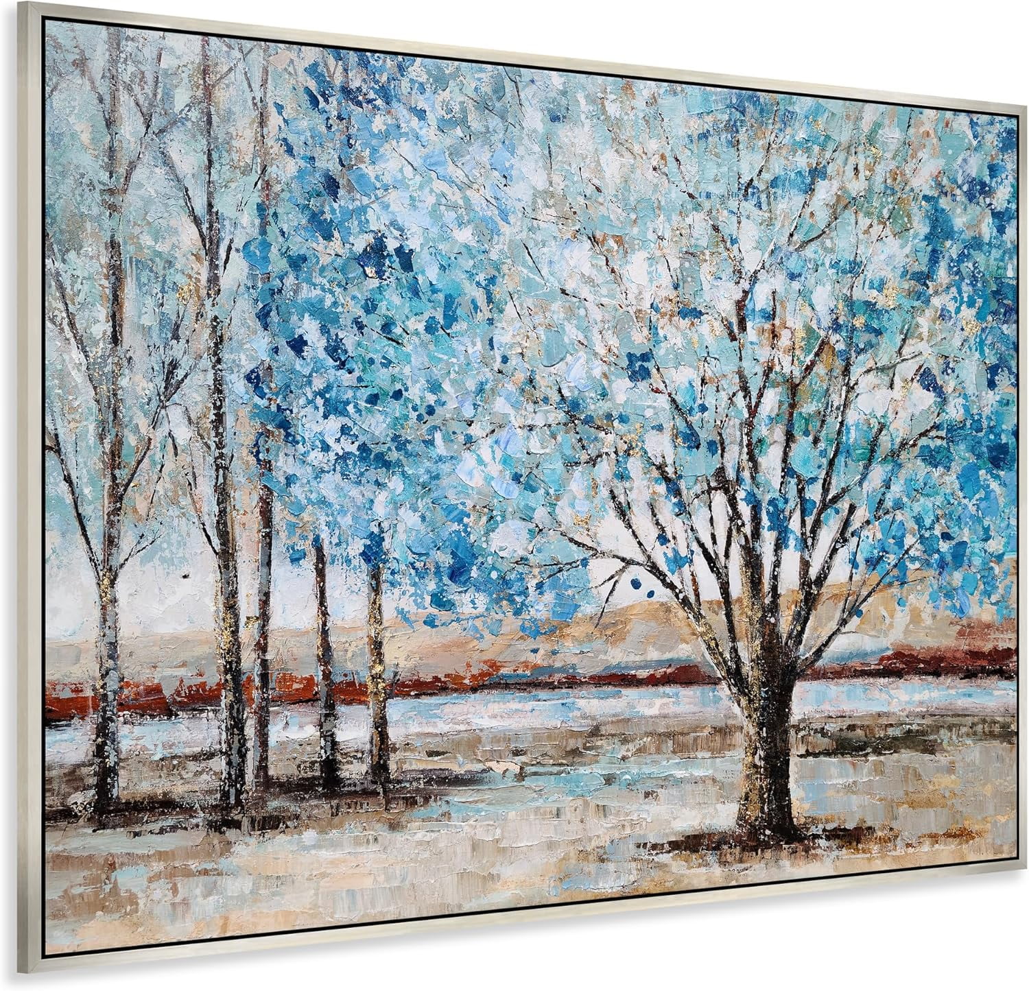 CTLL-Blue Tree Canvas Wall Art Hand Painted Textured Abstract Forest ...
