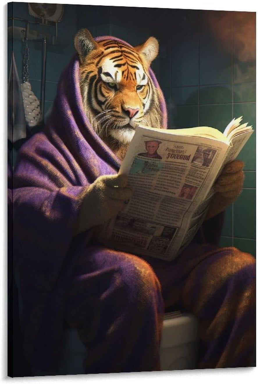 CTLL-Funny Bathroom Canvas Wall Art Dog Animal Reading The Newspaper On ...