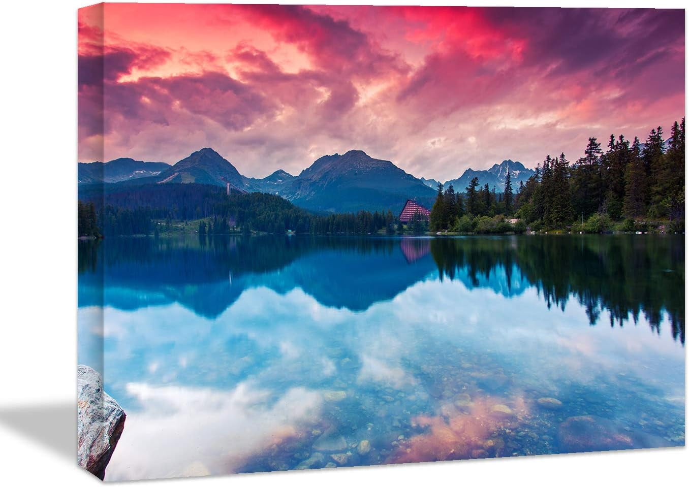 CTLL-Landscape Canvas Wall Art, Red Sky Clound, Blue Lake and Green ...