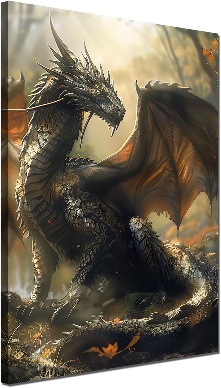 CTLL-Silver Giant Dragon Wall Art Pterodactyl Painting Abstract Winged ...