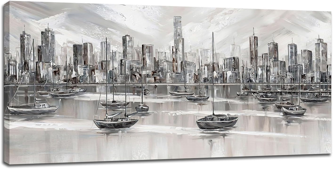 CTLL-Urban Skyline Wall Art Boat Cityscape Canvas Oversize Living Room ...