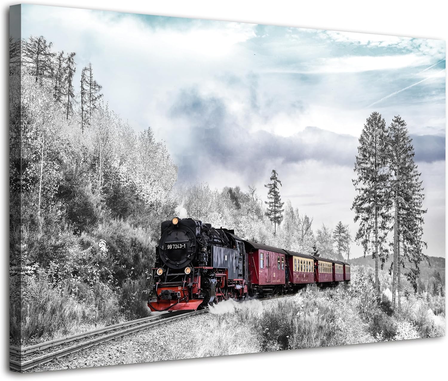 CTLL-Winter Scene Canvas Wall Art Nature Red Old Train Picture Prints ...