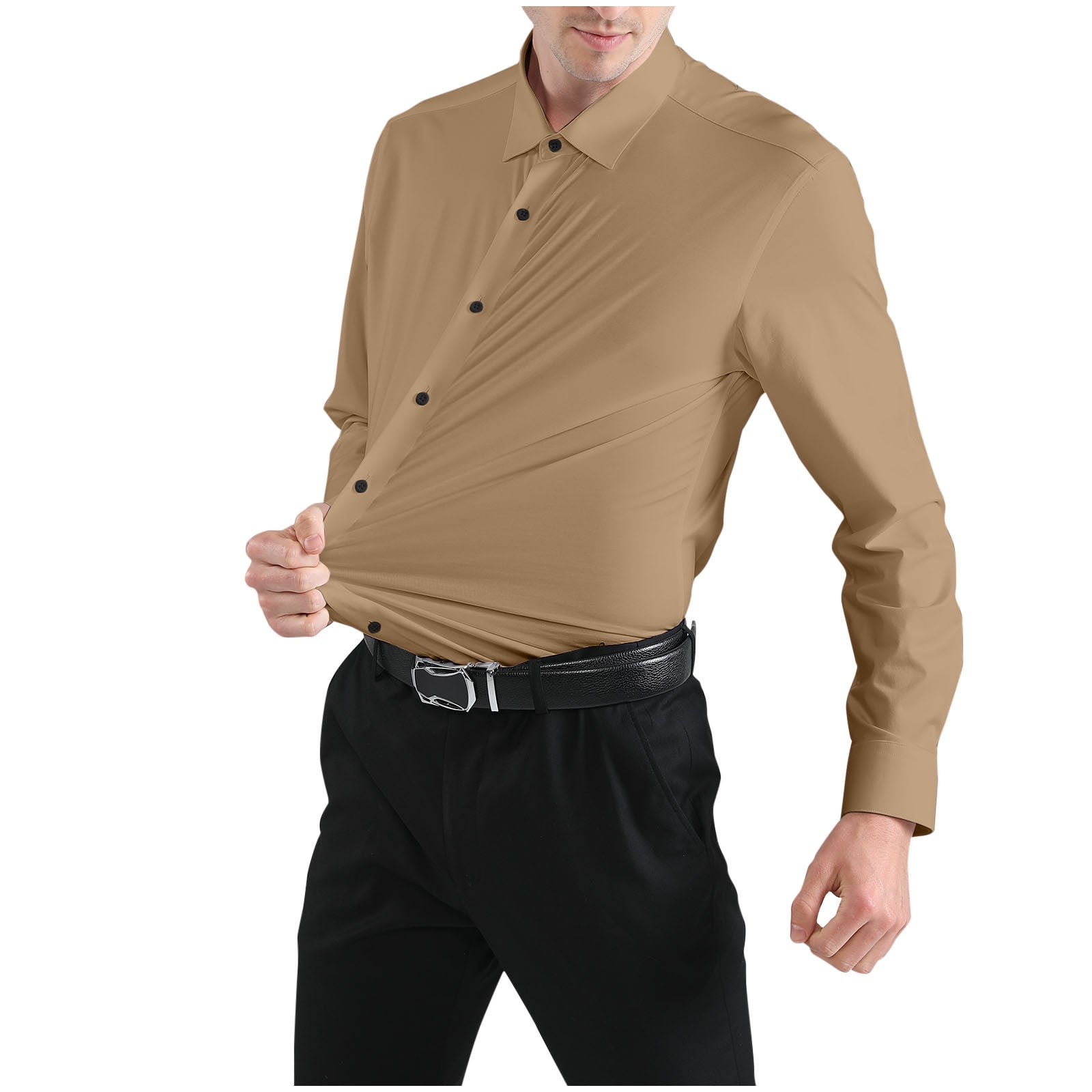 CTPDG Men's Fashion Solid Color Stretch Dress Shirts Solid Color Long ...