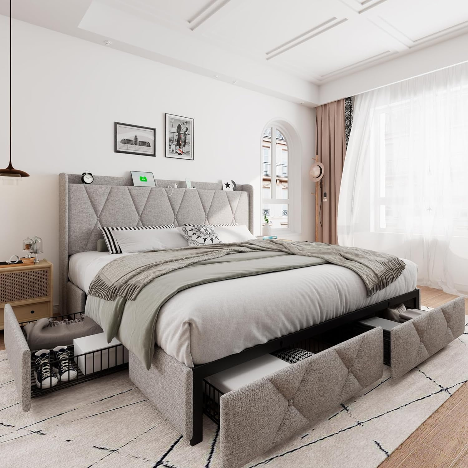 CTUHNIO Queen Bed Frame with 4 Storage Drawers Upholstered Platform Bed Frame with Charging ...