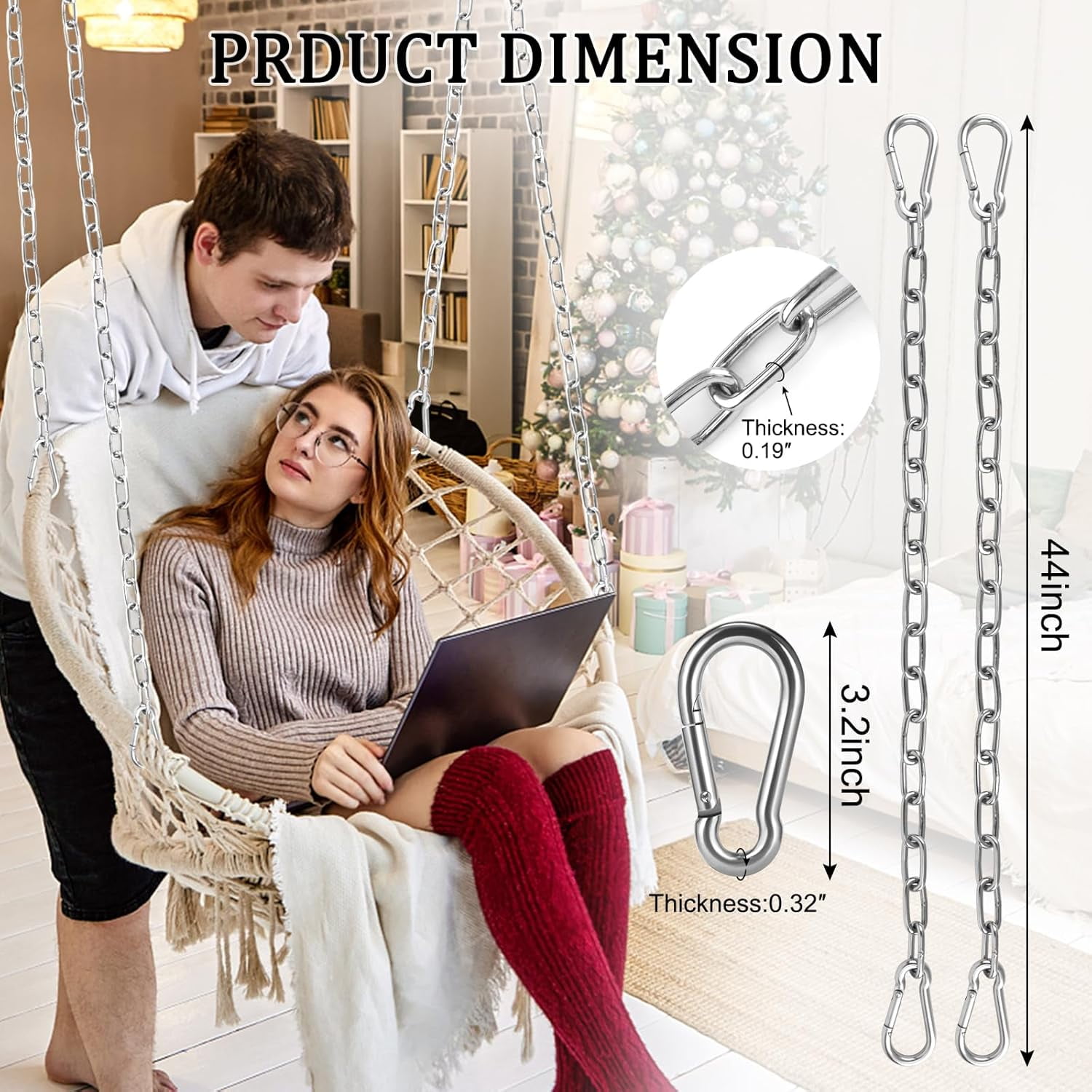 CTUVBIN 2 Pack 44in Hanging Chair Chain with 4 Carabiners 500LB ...