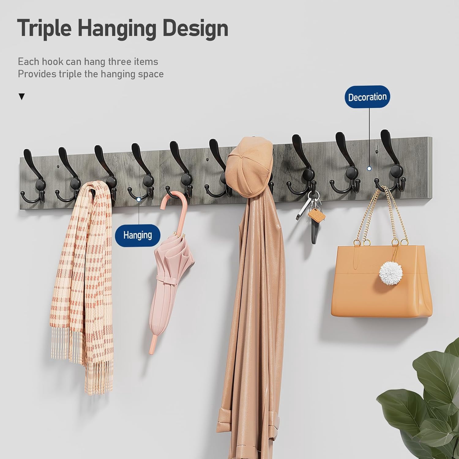 CTUVBIN 38.6" Coat Rack Wall Mount with 10 Hooks Large Coat Hanger Wall ...
