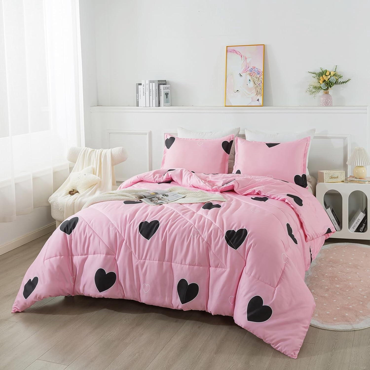 CTUVBIN Caressma Love Pattern Girls Pink Comforter Set Queen Size Blush ...