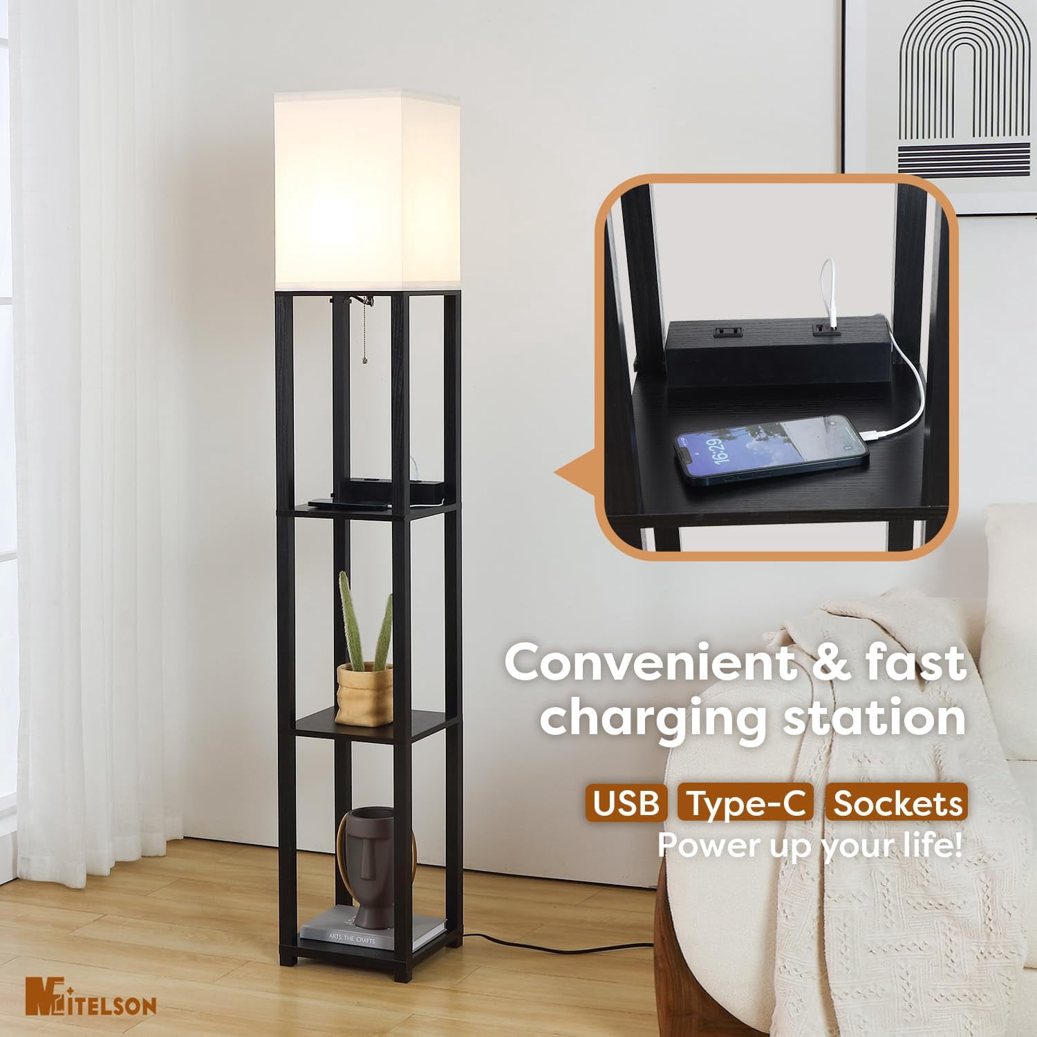 CTUVBIN Floor Lamp with Shelves and USB USB-C & Power Outlets Shelf ...