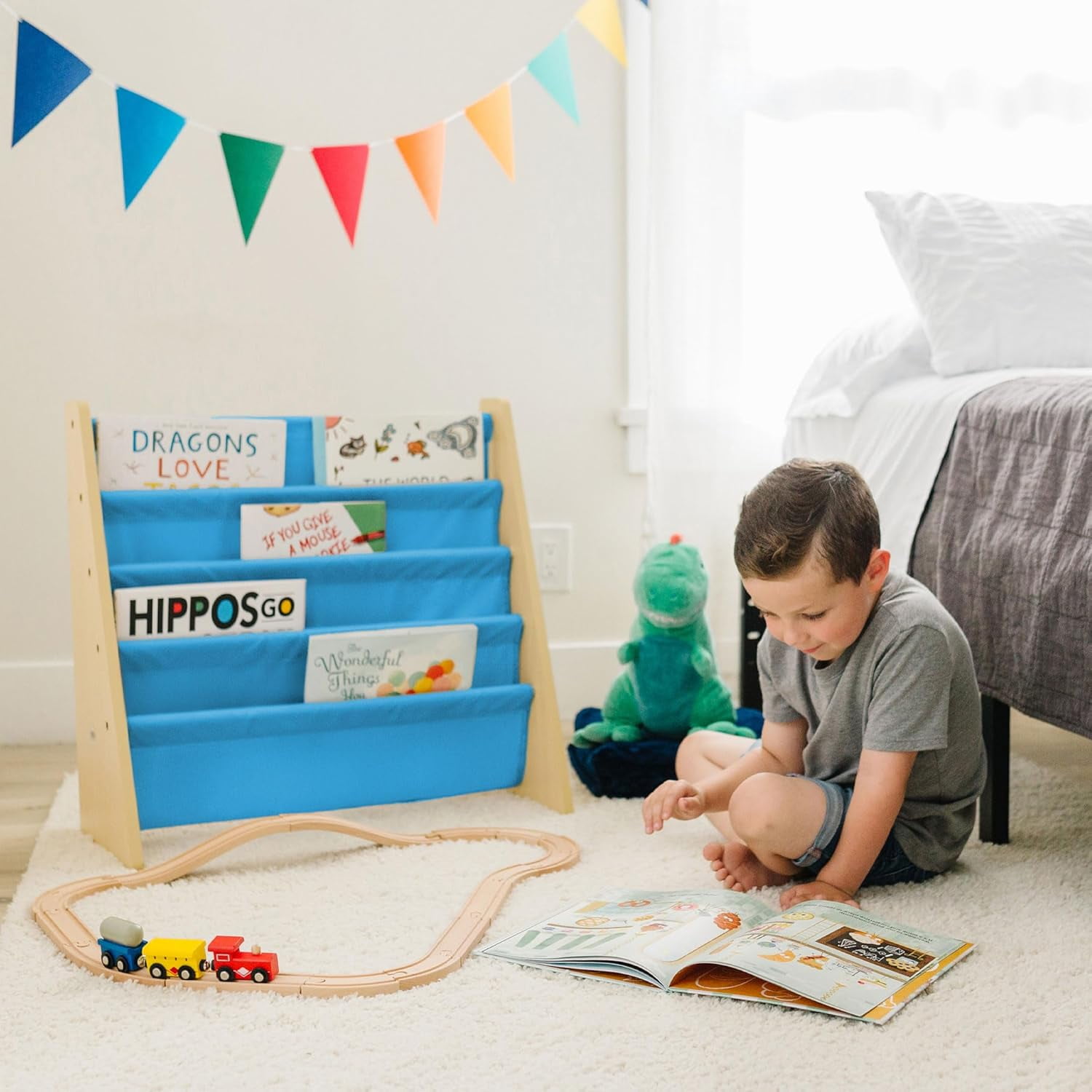 CTUVBIN Kids Canvas Sling Bookshelf for Boys and Girls Wooden Design ...