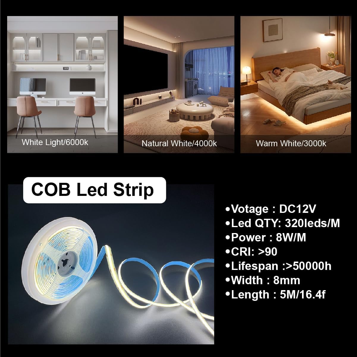 CTUVBIN Natural White COB LED Strip Lights 16.4ft 4000K DC12V Dimmable ...