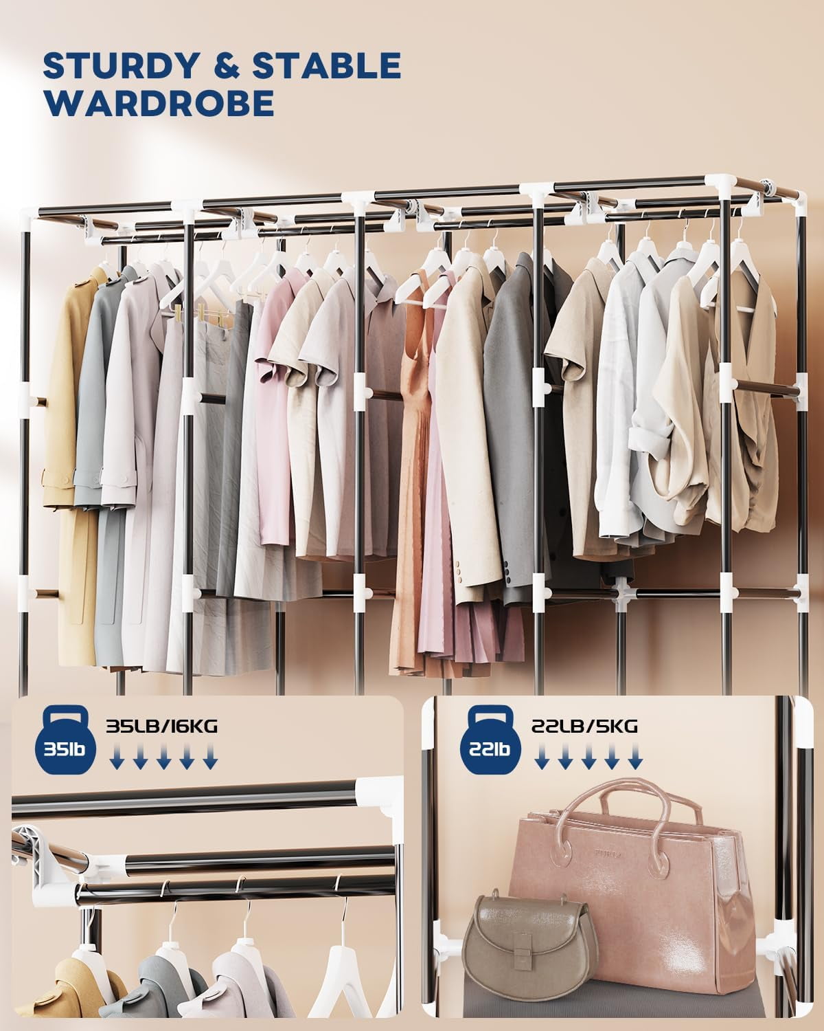 CTUVBIN Portable Closet Wardrobe Closet Organizer with Cover 3 Hanging ...