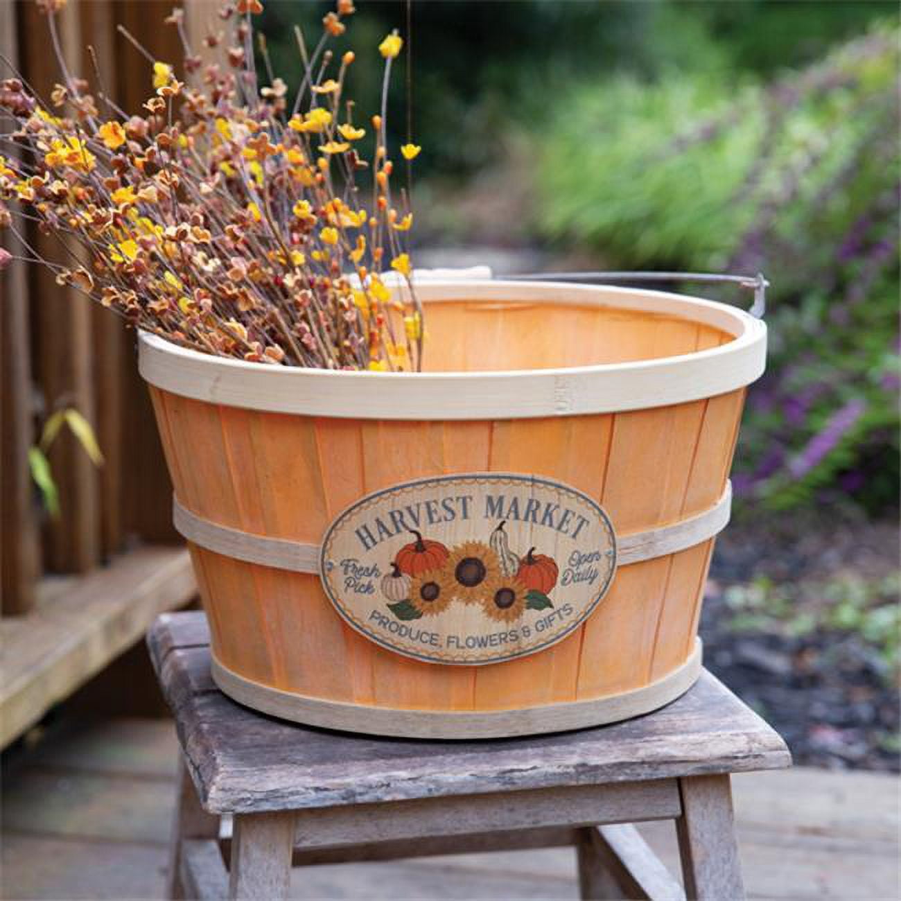 CTW Home Collection Wooden Slats Harvest Market Bushel Thanksgiving Basket, 14.25-inch Width ...