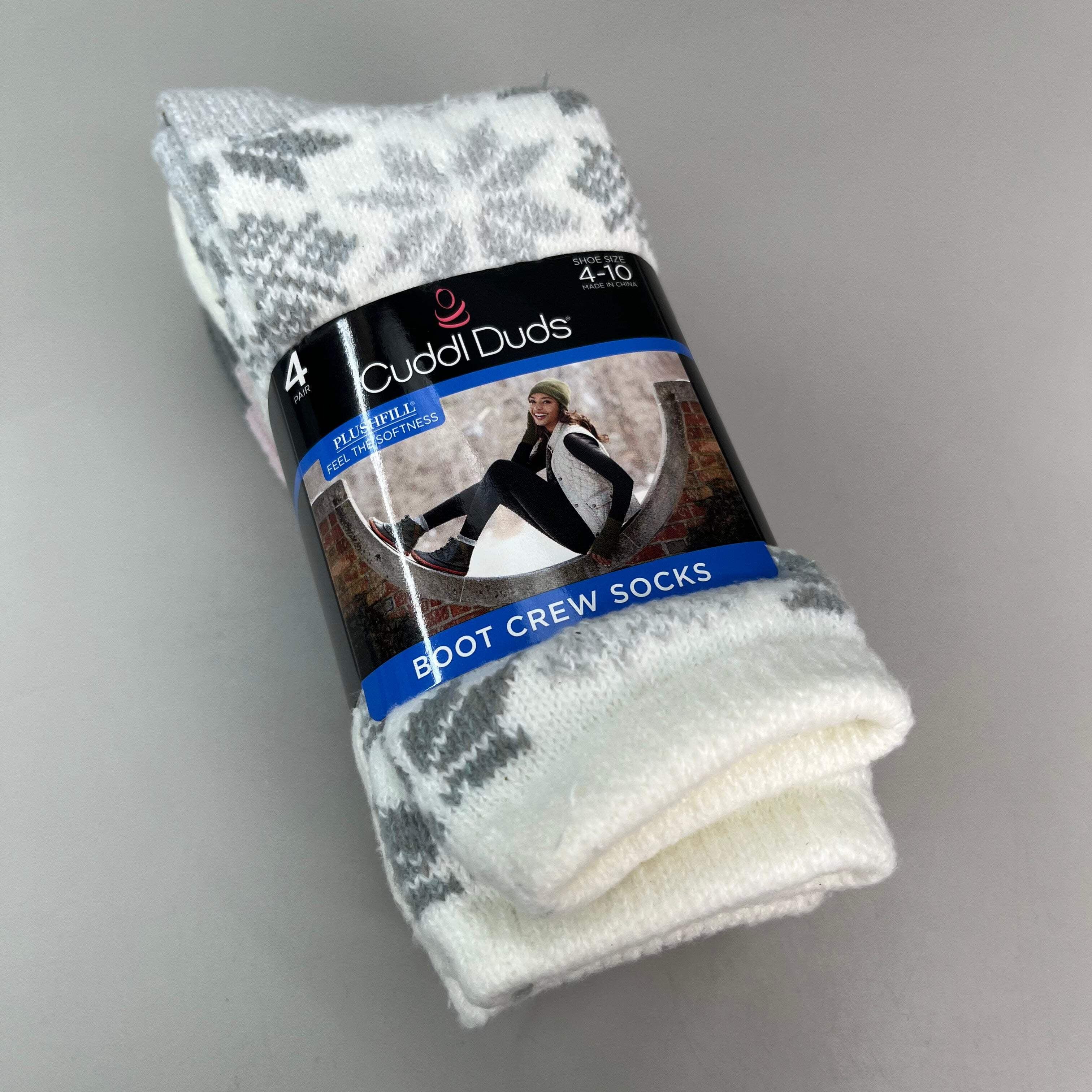 CUDDLE DUDS Soft Boot Crew Socks Plushfill 4 Pair Sz 4-10 Pink Ivory ...
