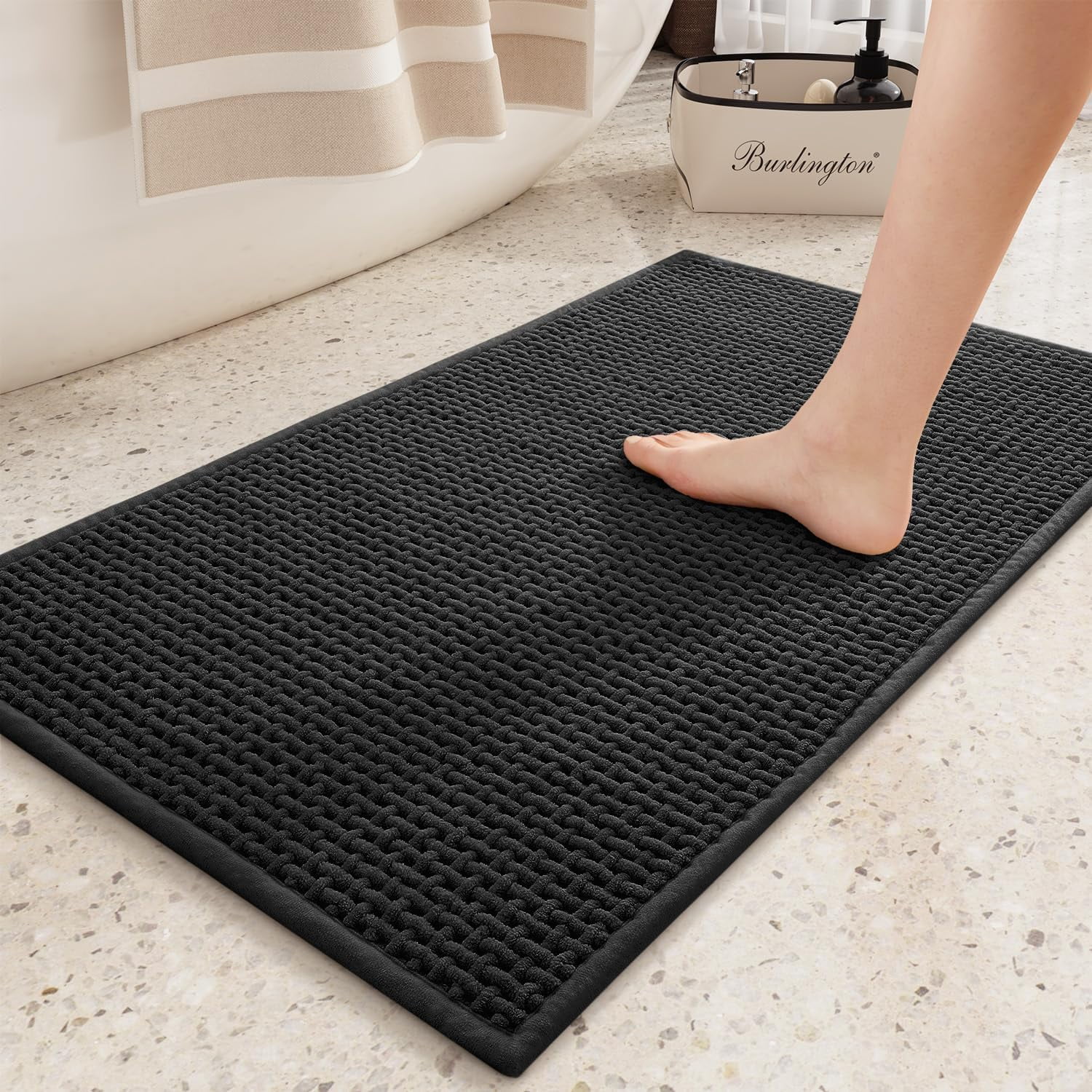 CUDUCA-Chenille Rubber Backed Black Bathroom Rug- Non Slip, Absorbent ...