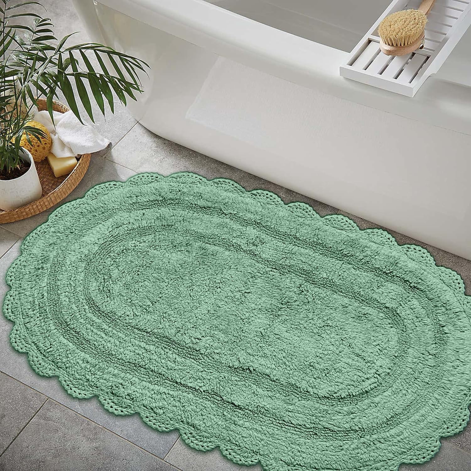 CUDUCA-Sage Green Crochet Bathrug, 100% Cotton Oval bathmat with ...