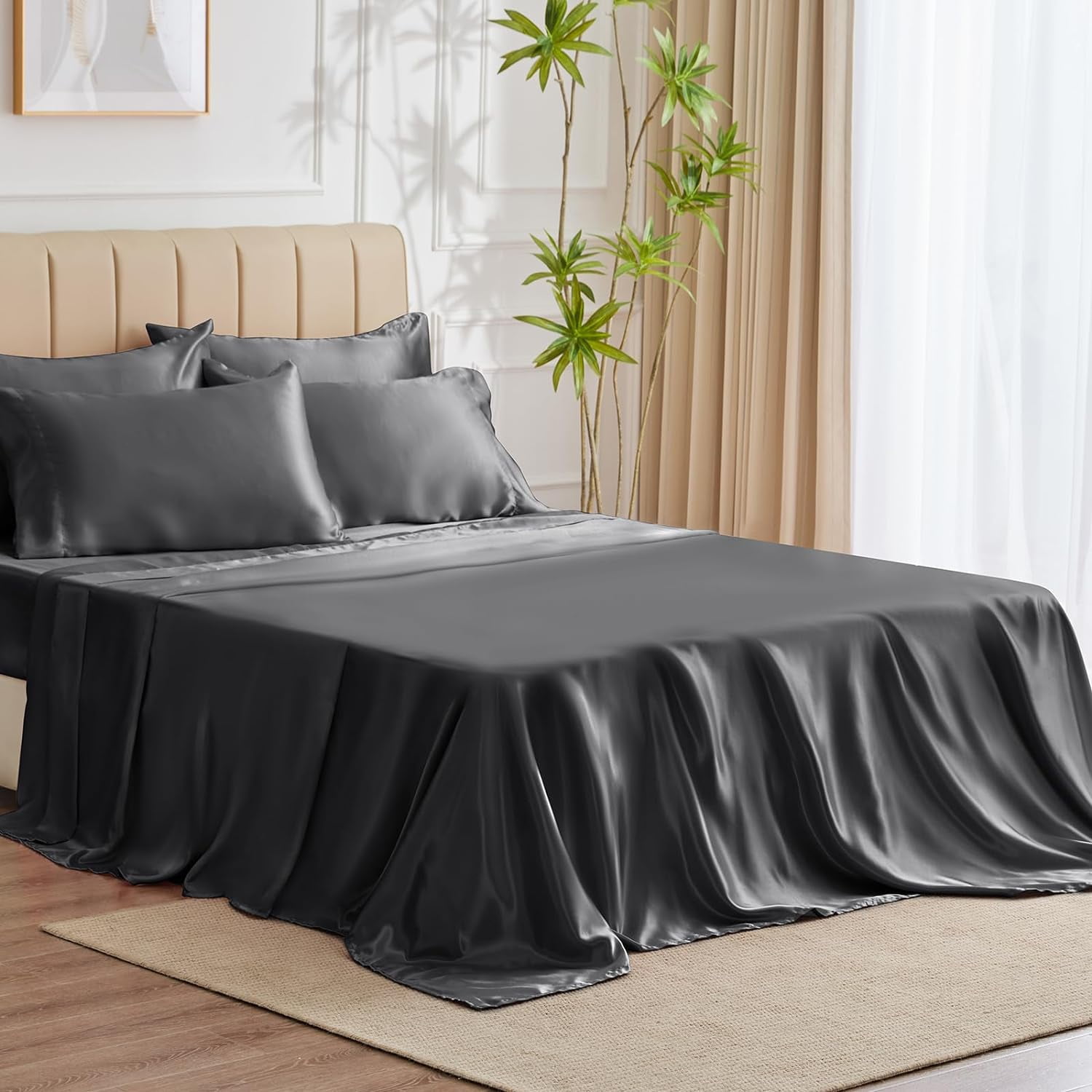 CUDUCA-Satin Sheets Full Size - 6 Piece Dark Grey Bed Sheet Set with ...