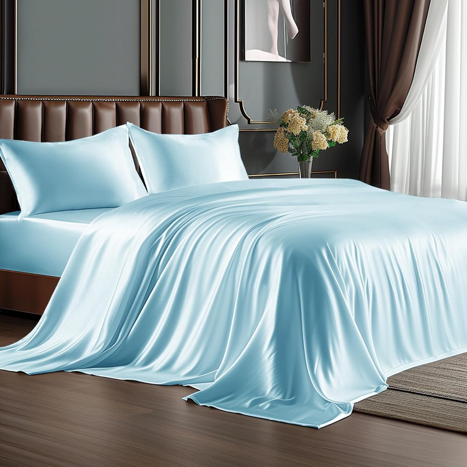 CUDUCA-Satin Sheets Full Size Bed Set, Luxury Soft Light Blue Silky ...