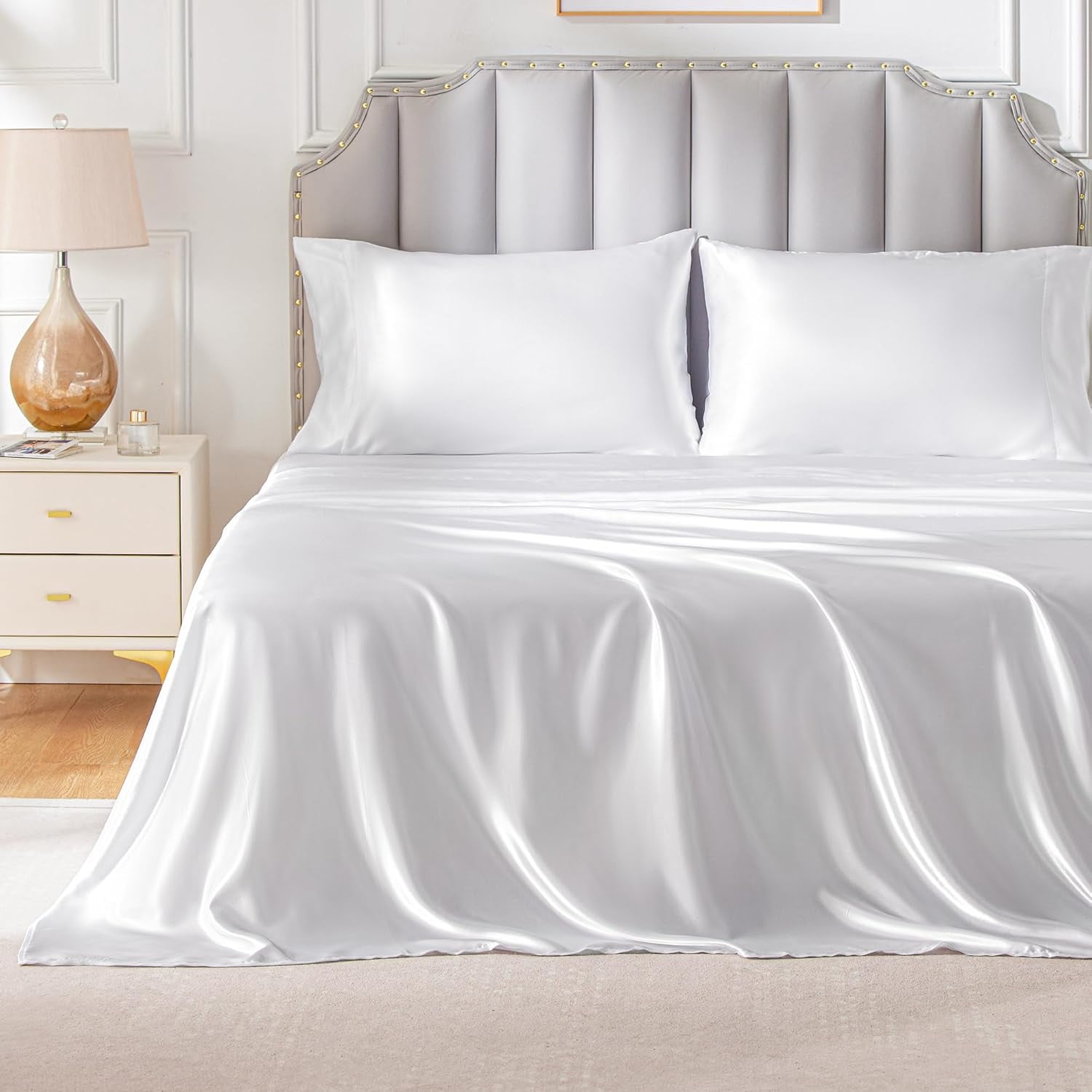 CUDUCA-Satin Sheets King Size, 4 Psc White Satin Sheets with Deep ...