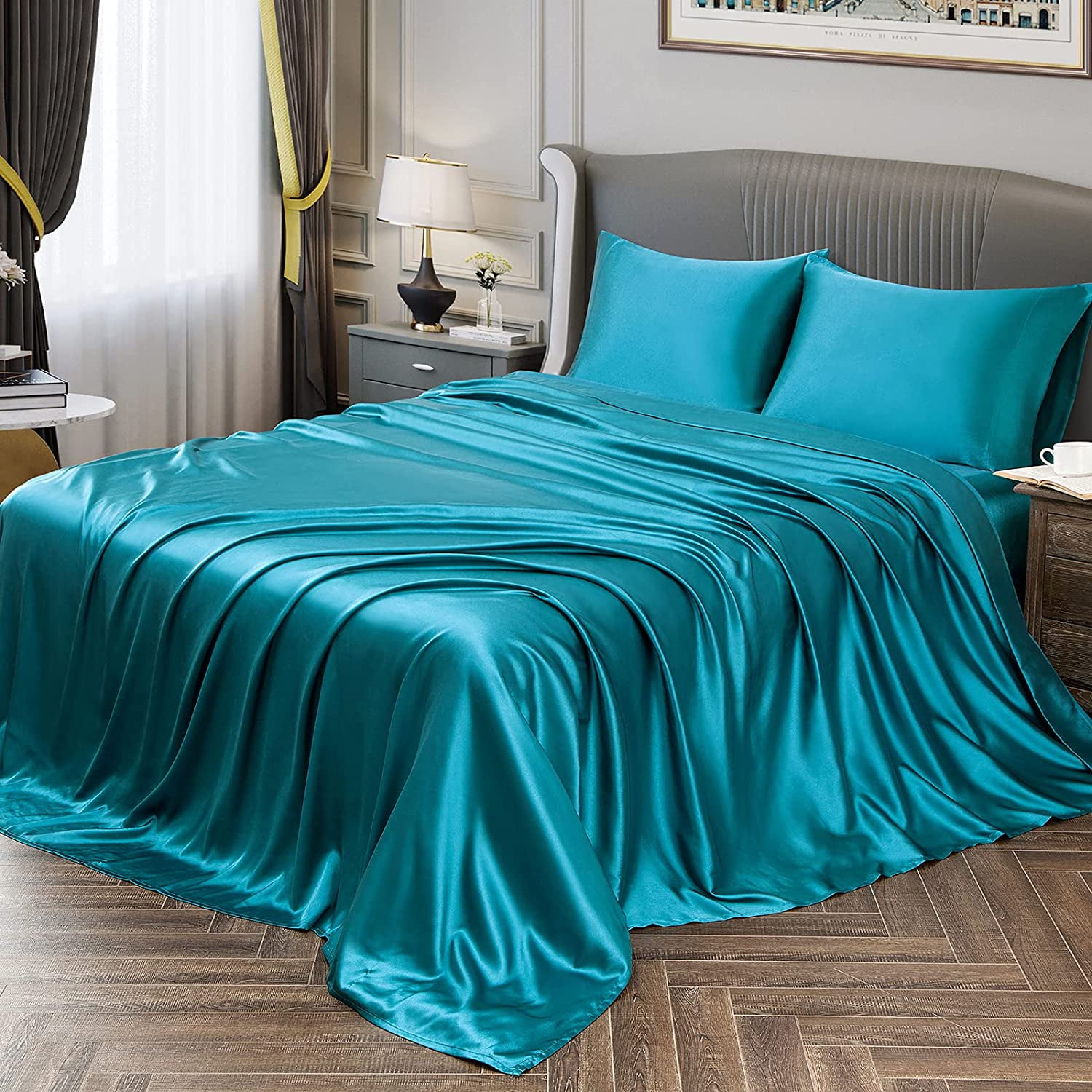 CUDUCA-Satin Sheets King Size Silky Soft Satin Bed Sheets Teal Sheet ...