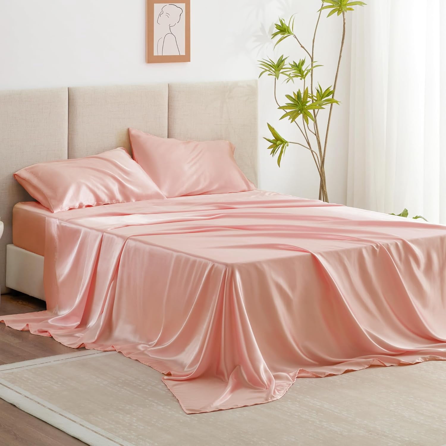 CUDUCA-Twin XL 3Pc Satin Sheet Set, Coral Silky Satin Bed Sheets with ...