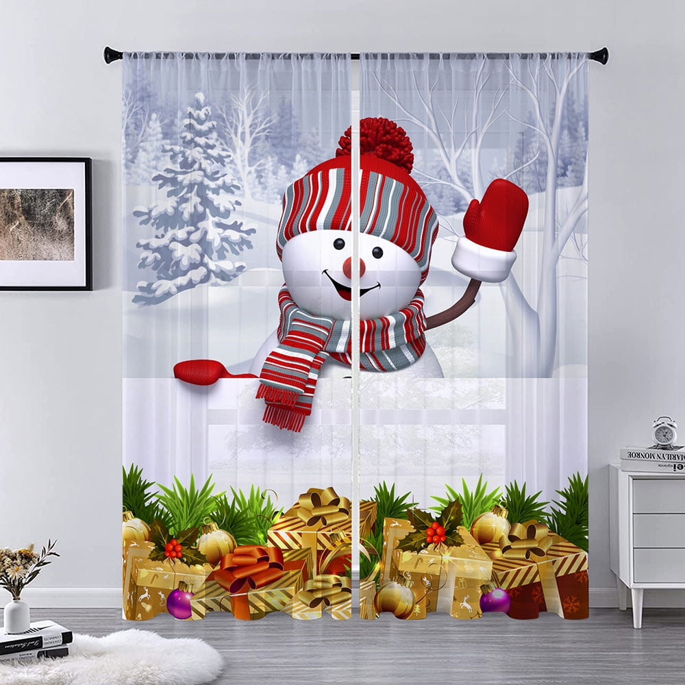 CUH 1-Pair Xmas Christmas Sheer Curtain Rod Pocket Voile Window Curtain ...