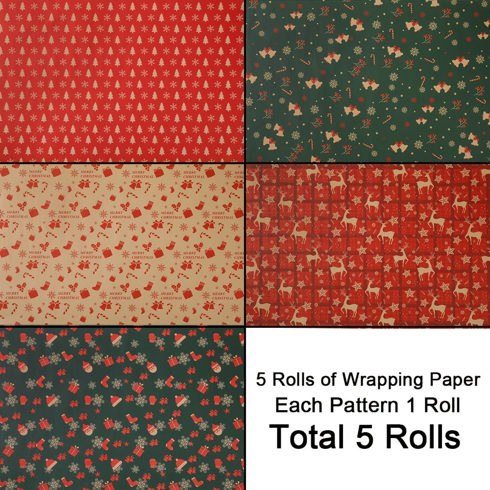 CUITING 7 Rolls Vintage Kraft Christmas Wrapping Paper Set - Reindeer ...