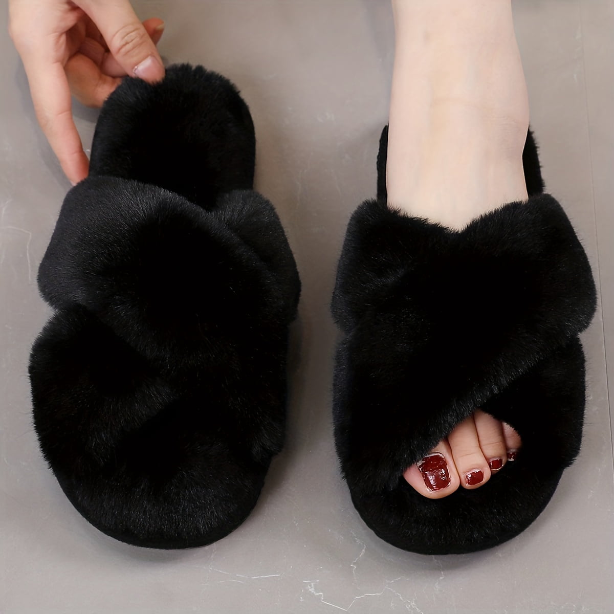 CUITING Women‘s Cross Strap Fleece Slippers Indoor Home Cotton Slippers ...