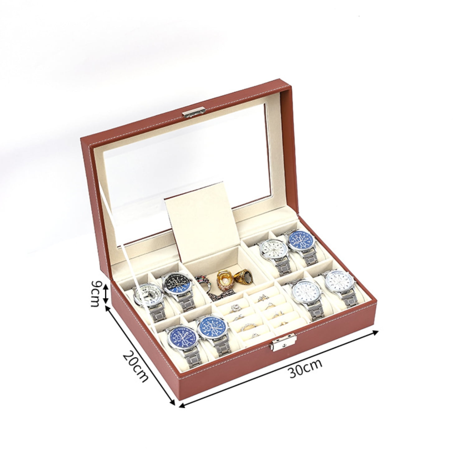 CUKIXA 8+2 Watch Box with Glass Lid, PU Leather Jewelry Organizer for ...