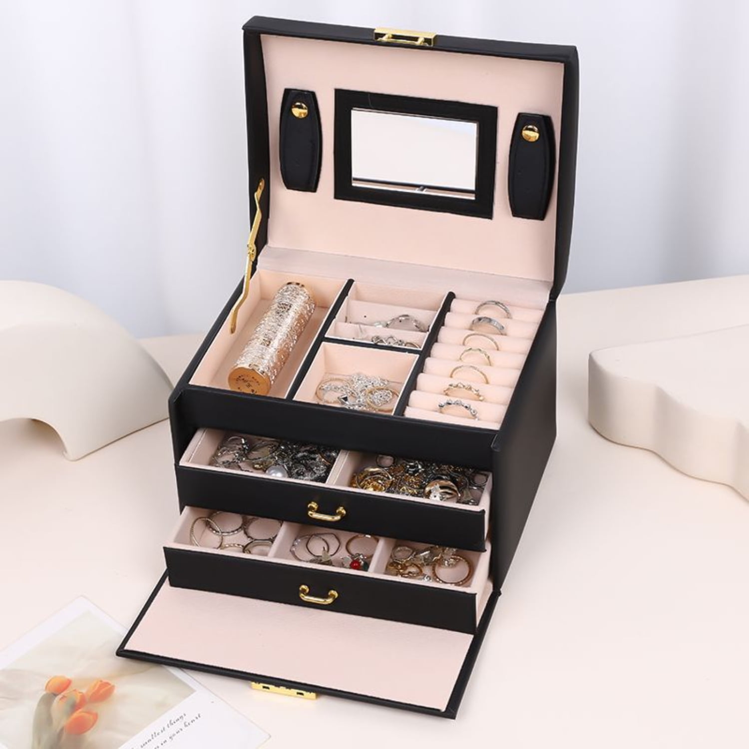CUKIXA Jewelry Box with Lock, 3-Layer PU Leather Drawer Organizer with ...