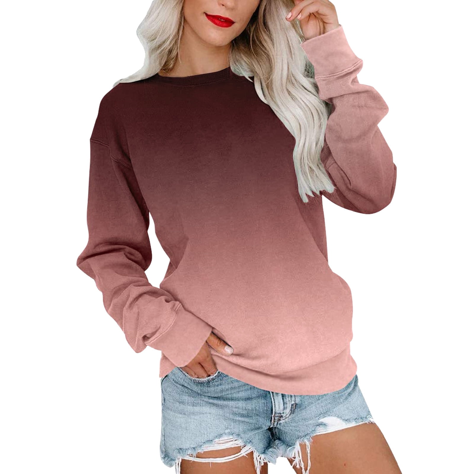 CUNSOUTH Blue Sweatshirt Womens Casual Round Neck Sweatshirt Long ...