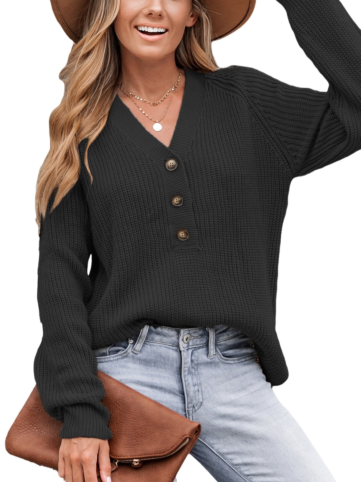 CUPSHE Raglan Sleeves Half-Buttoned Sweater - Walmart.com