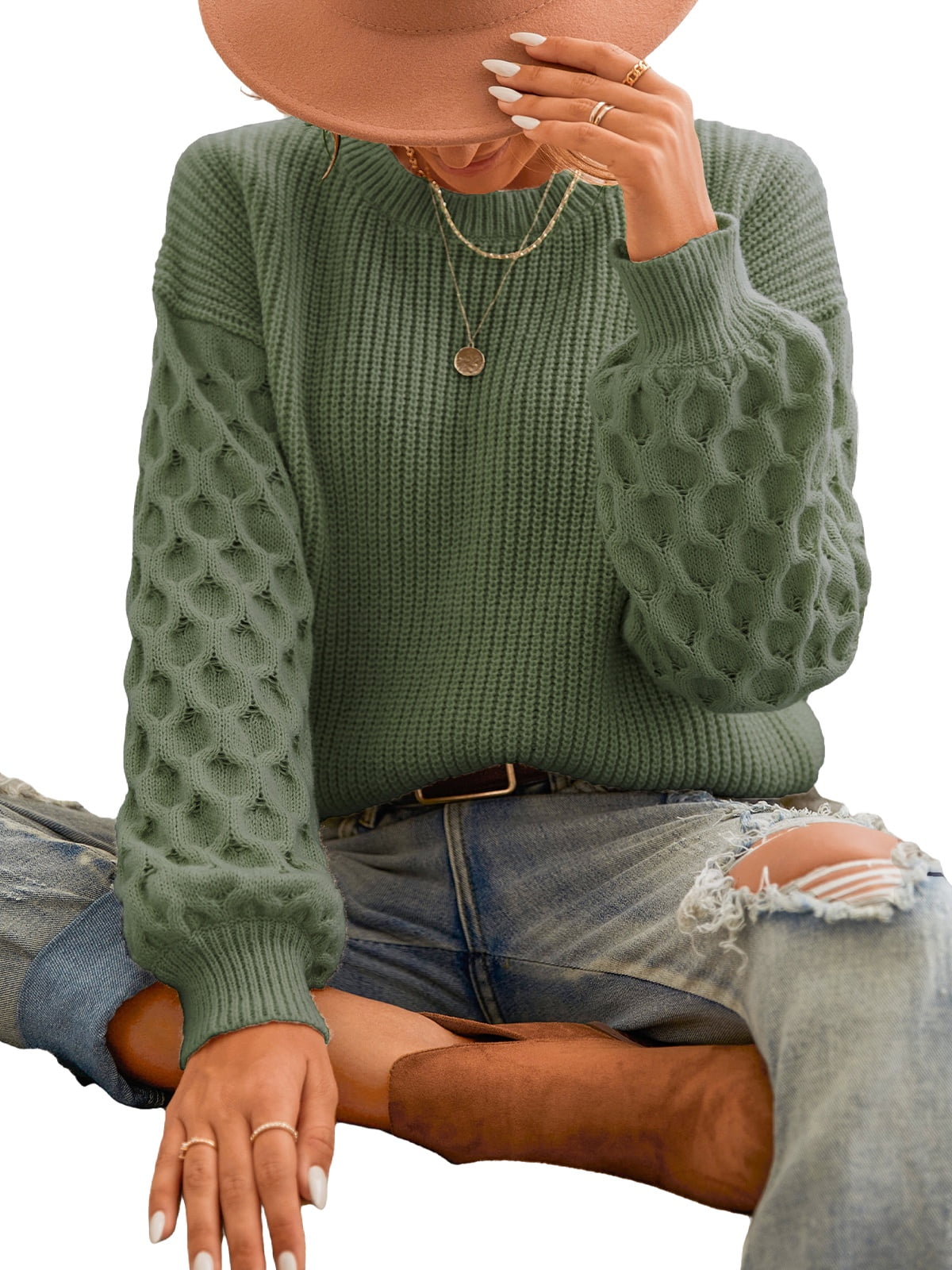 CUPSHE Sweater for Women Cable Knit Crew Neck Long Sleeves Fashion ...