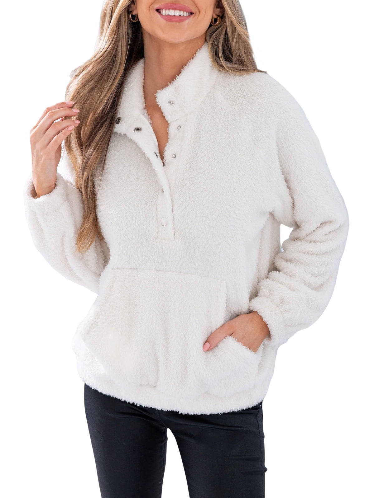 CUPSHE Women Tops Stand Collar Half Button Hoodie Long Sleeves Front ...